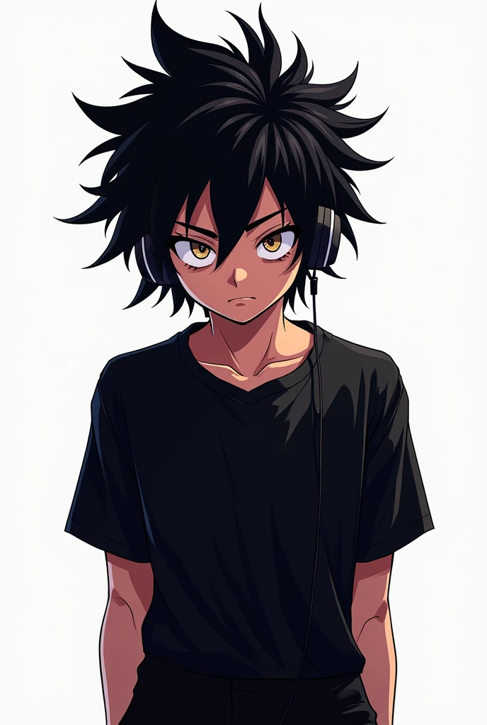 Give me anime style pfp of a , gamer , black messy hair , close up ...