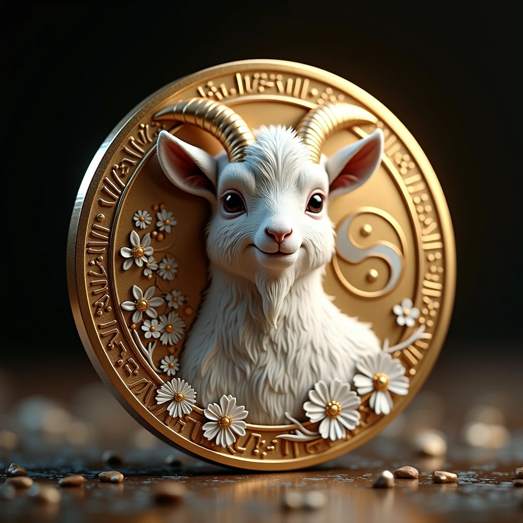 A detailed commemorative meme coin/medallion standing on its side ...