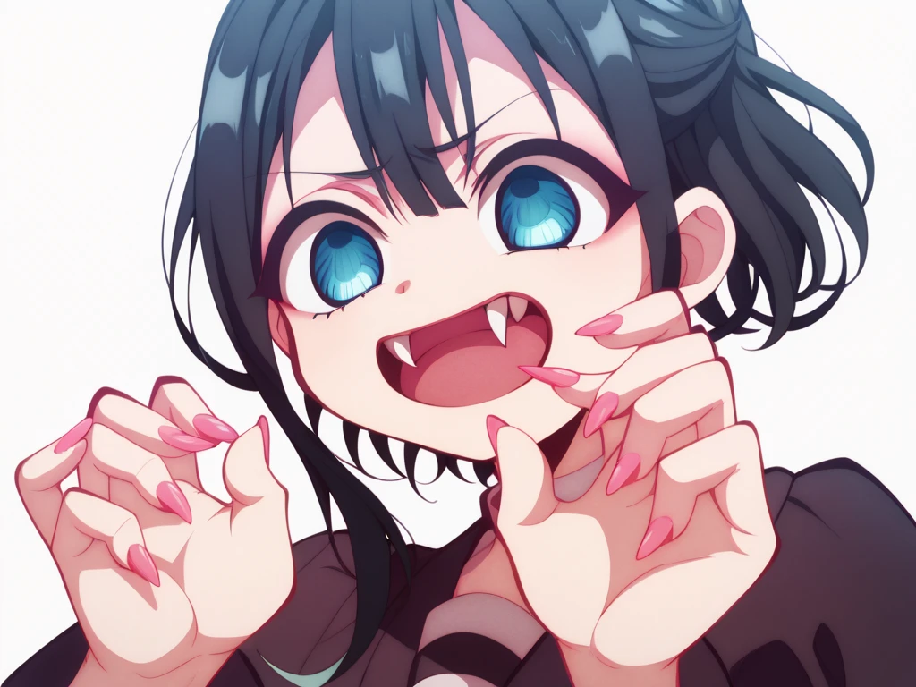 Girl, medium-length black hair, sharp glowing blue eyes, shiny eyes ...