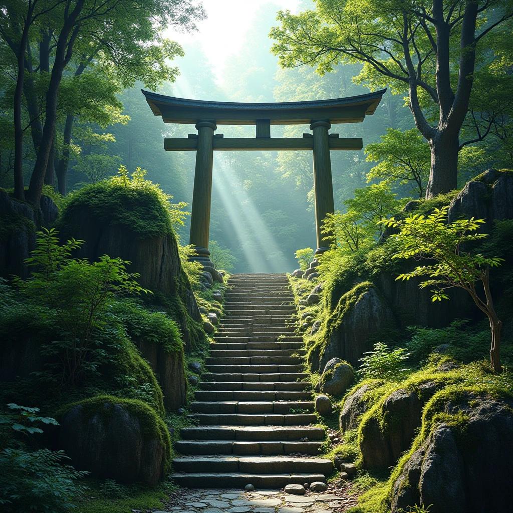 Kuil lama jepun di atas thickly wooded hills penuh batu, Stairs and ...