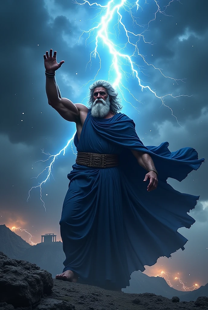 Zeus, larger-than-life, stands poised beneath a churning stormy sky ...