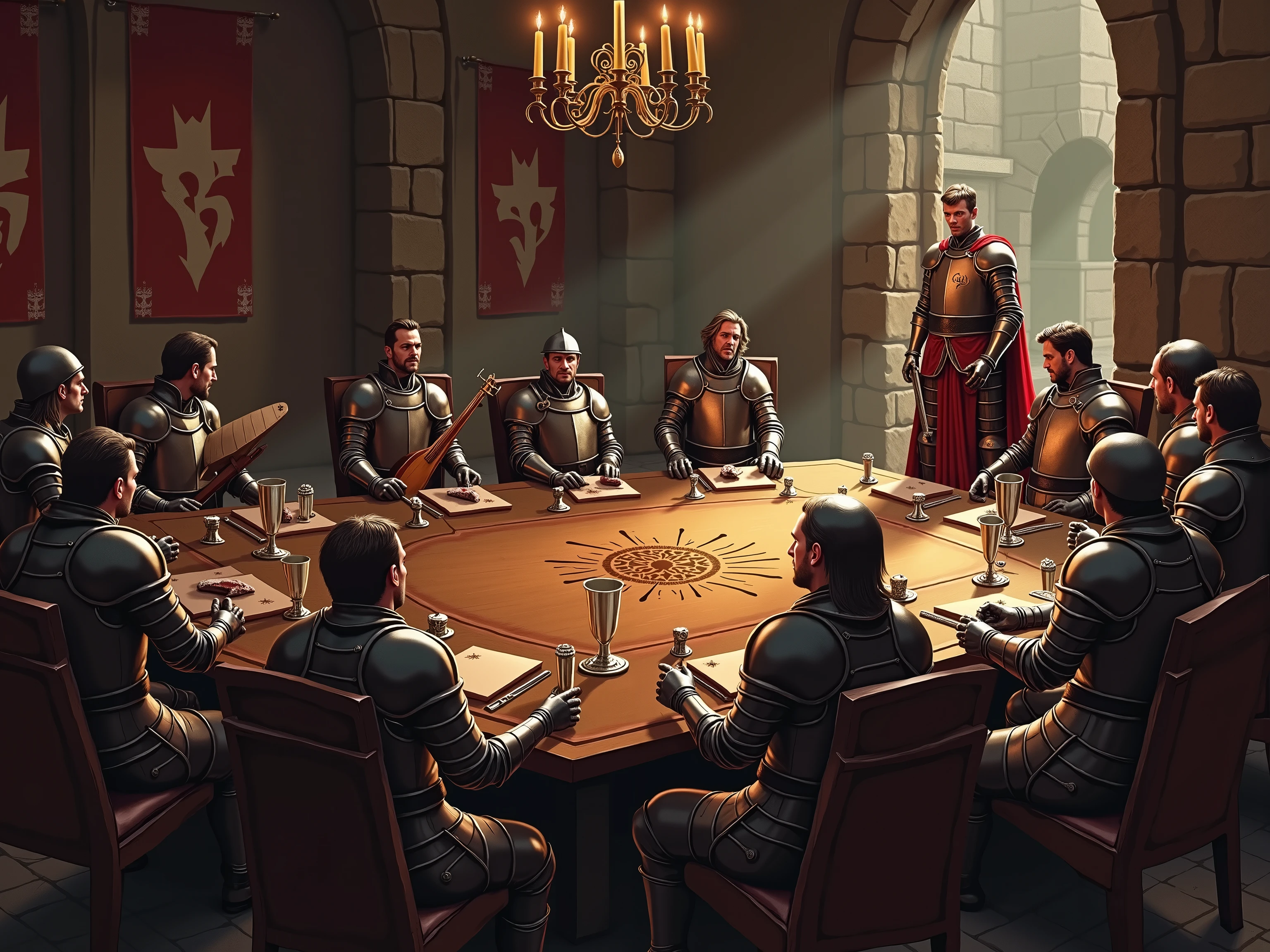 In a grand medieval hall at the center of the room is a large - SeaArt AI