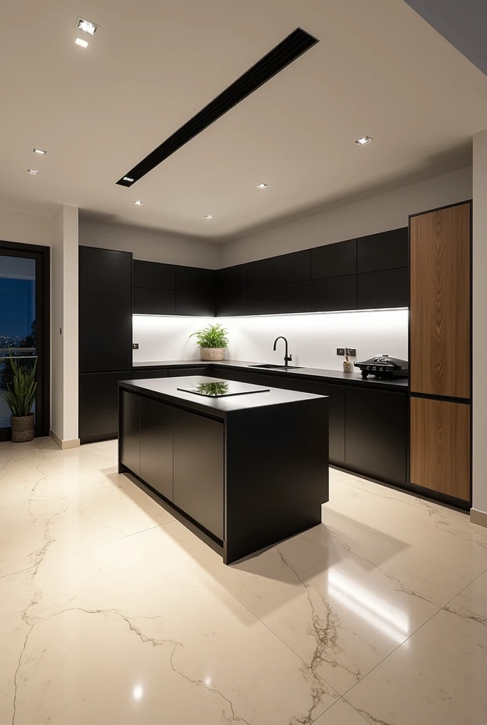 Kitchen 3 meters high and 3,5 meters wide, with light beige marbled ...