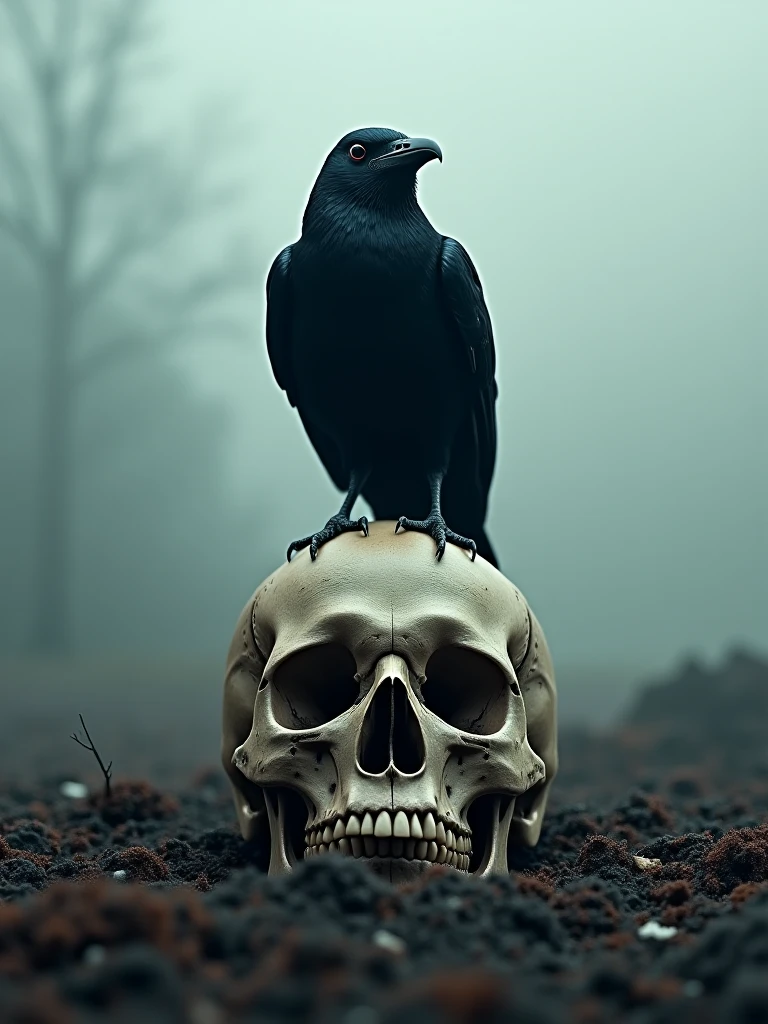 A Crow perched on a human skull, horror, macabre, surreal, darkness and ...