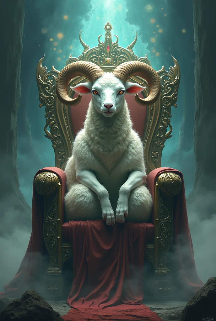 Lamb with 7 eyes and seven horns sitting on the throne - SeaArt AI
