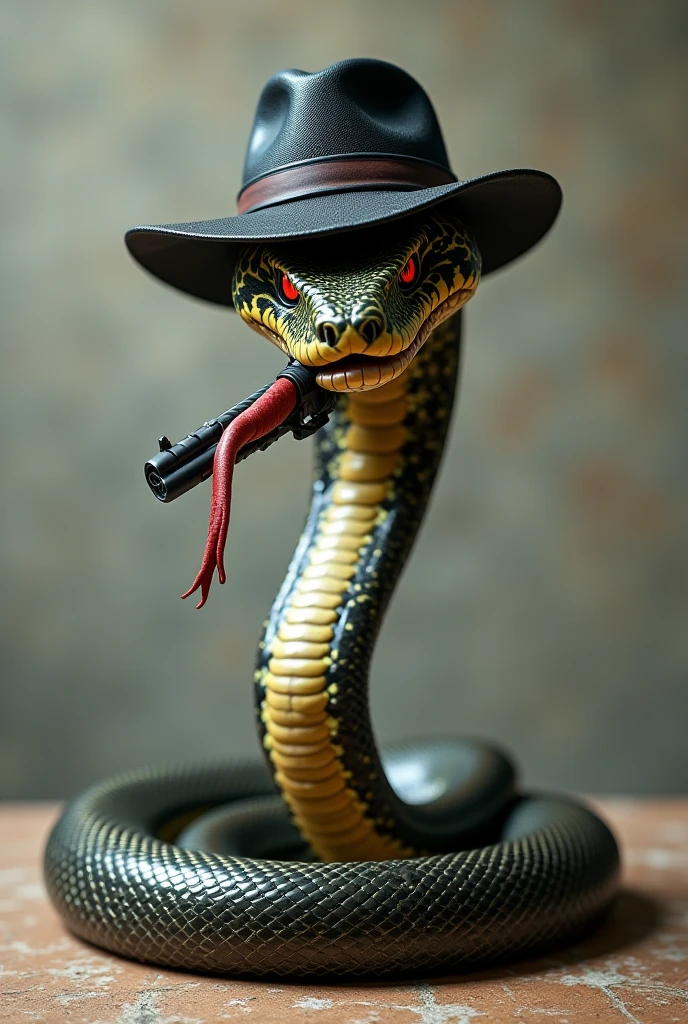 A snake with a gangster hat and a gun in its mouth and the snake ...