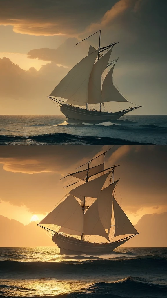 An elven ship with sails that deploy like folding fans, highly detailed ...