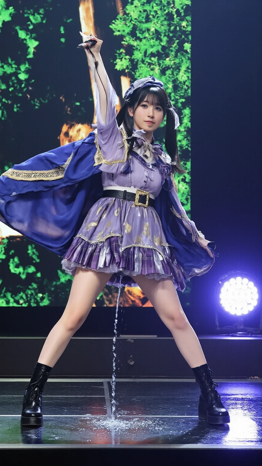 High-res photo of a Japanese female idol. she stands happily on stage ...