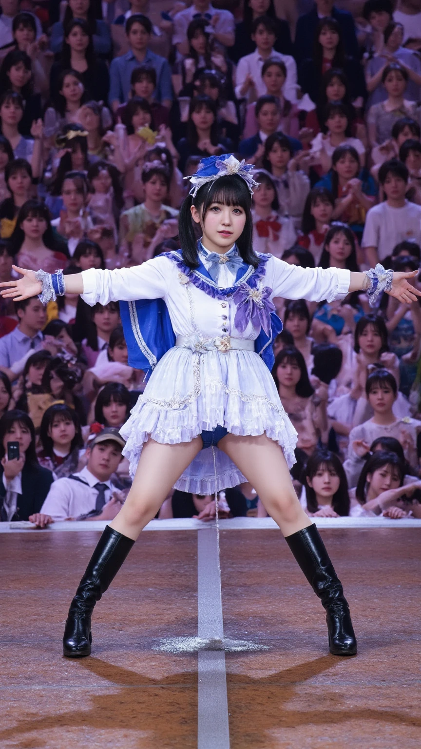 High-res photo of a Japanese female idol. she stands happily on stage ...