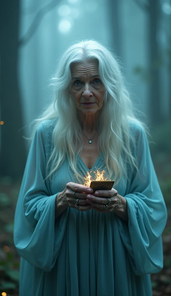 An elderly fortune teller with a mysterious expression emerges from a ...