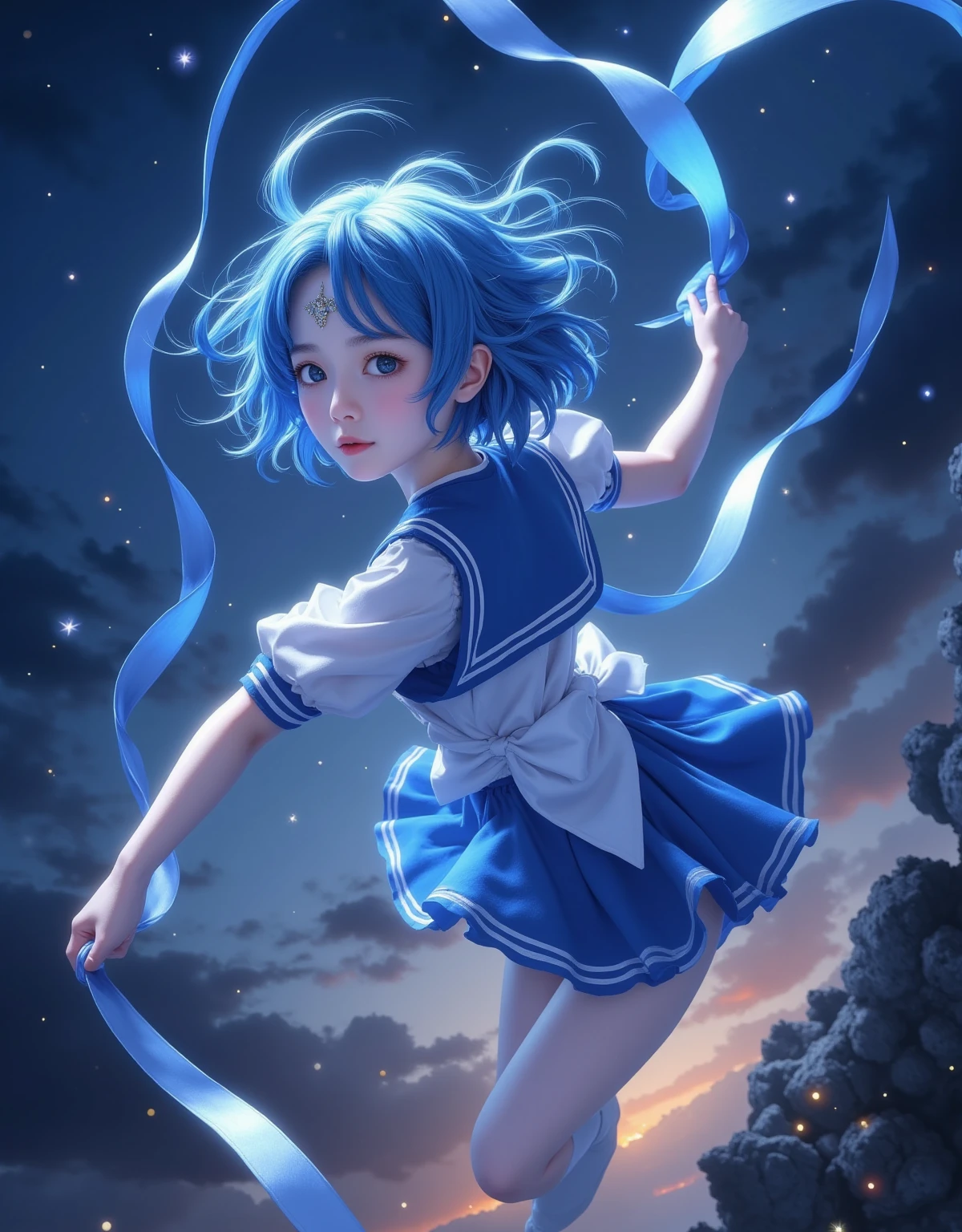 Japanese girl. Magical girl flying in the night sky. she has short blue ...