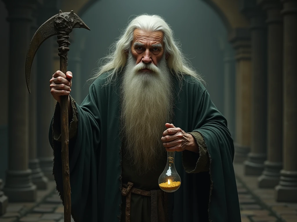 An old man with a long beard, holding a sickle or hourglass. Her ...