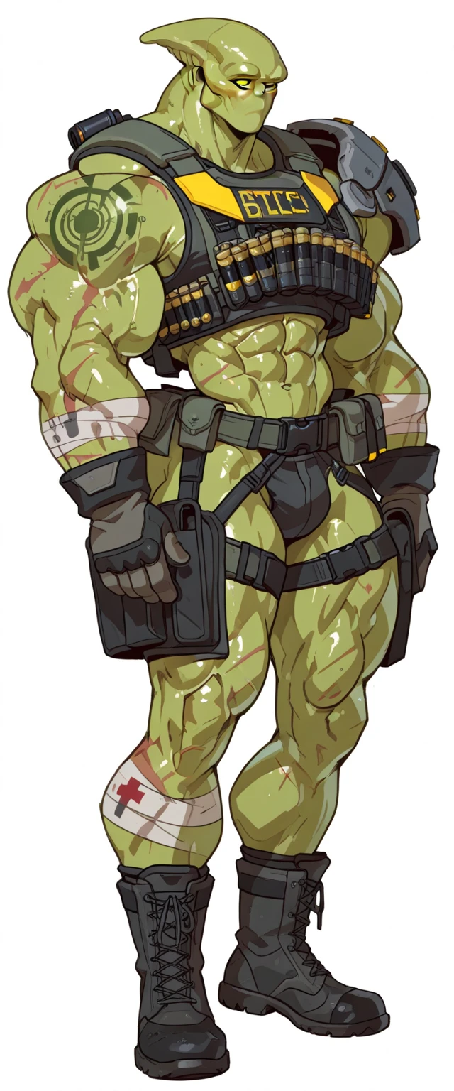 Pace alien male, tall, muscular, green skin, male, shy eyes, yellow ...