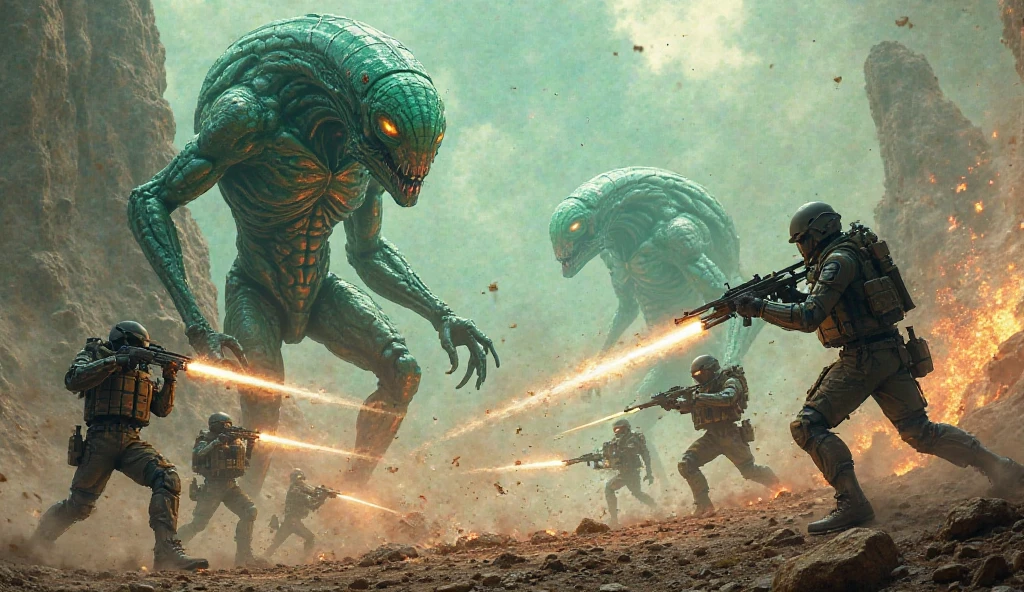 Alien green beings fighting with soldiers - SeaArt AI