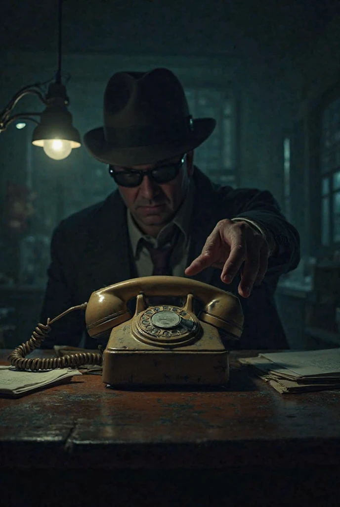 Close-up of an old ringing phone on a desk in a dim police station ...