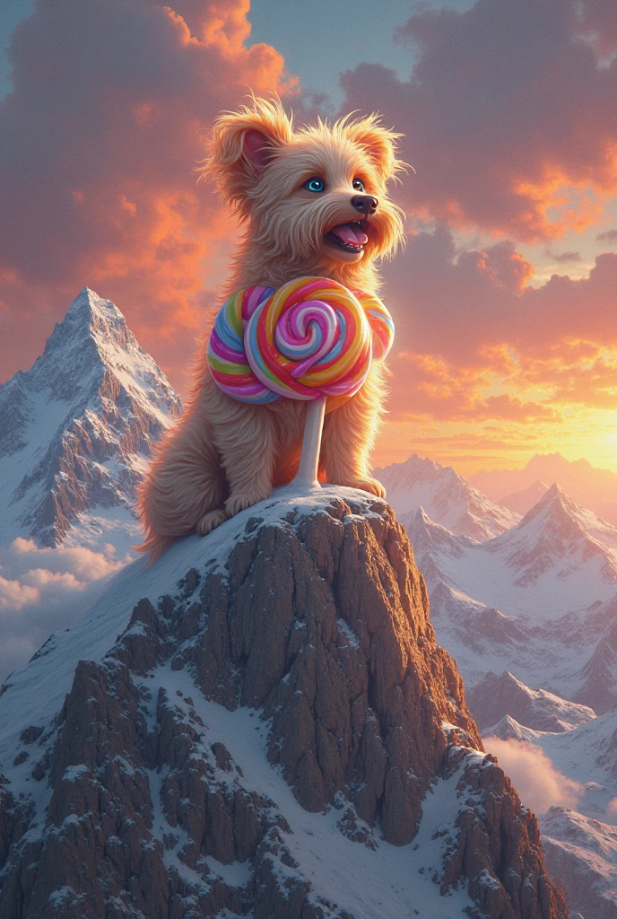 Puppy with lollipop body on top of mountain with fire behind - SeaArt AI