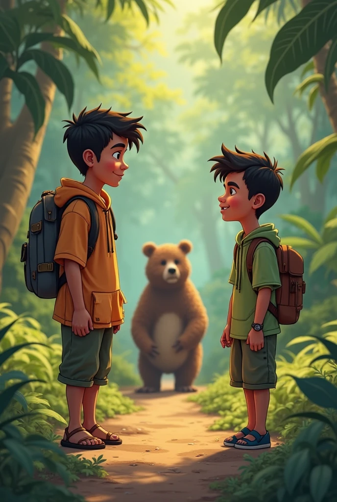 (Consistent characters: Rahim (smart, slim), Karim (kind, slightly ...