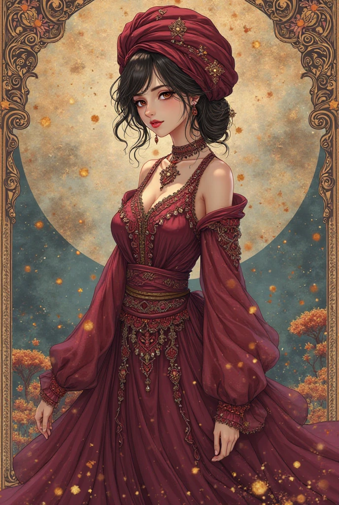 Henna themed remote shot burgundy dress anime girl with turban - SeaArt AI