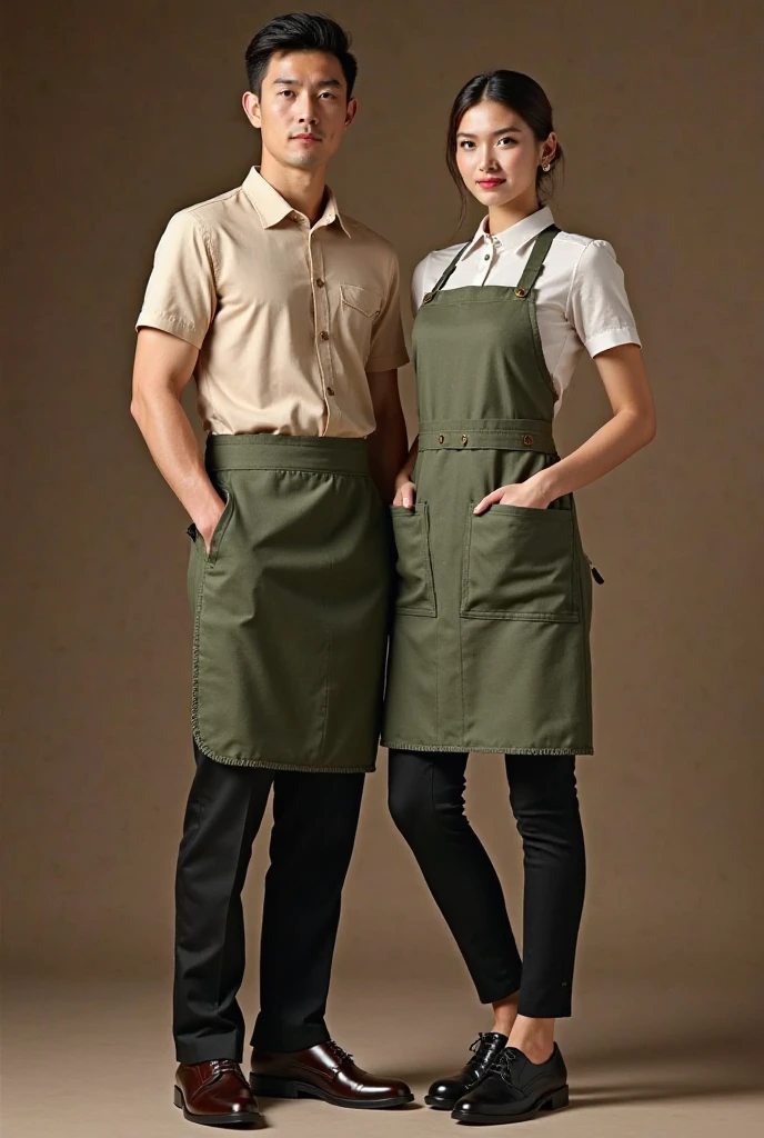 A male waiter and a female waitress wearing a modern and elegant ...