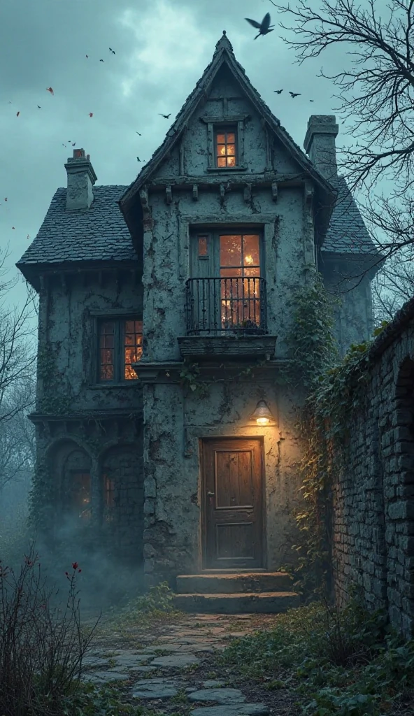 Create 3D Cartoon Style Image scene 2. View of the haunted house ...