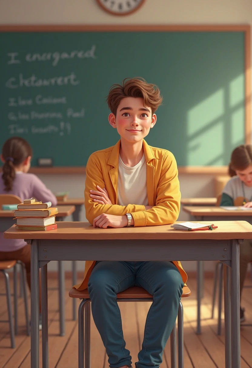 Chill guy character, sitting in school He sits behind a desk in a ...