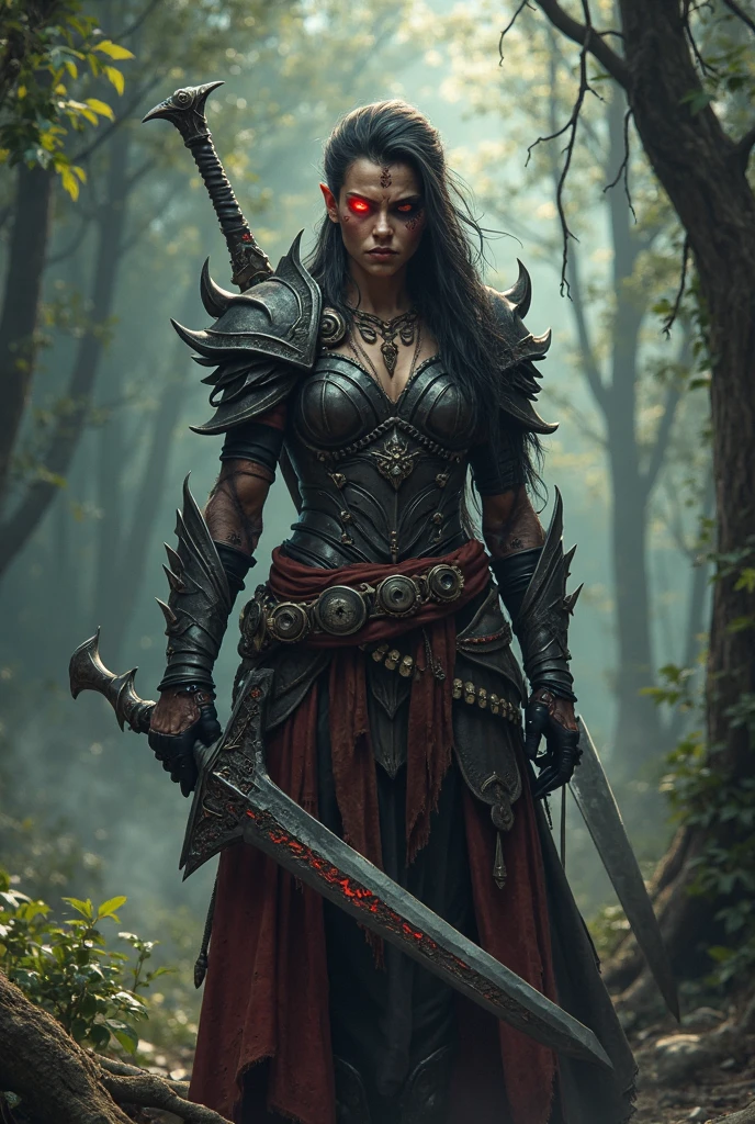 Veyra, A half-orc with an enchanted black blade and a mechanical eye ...