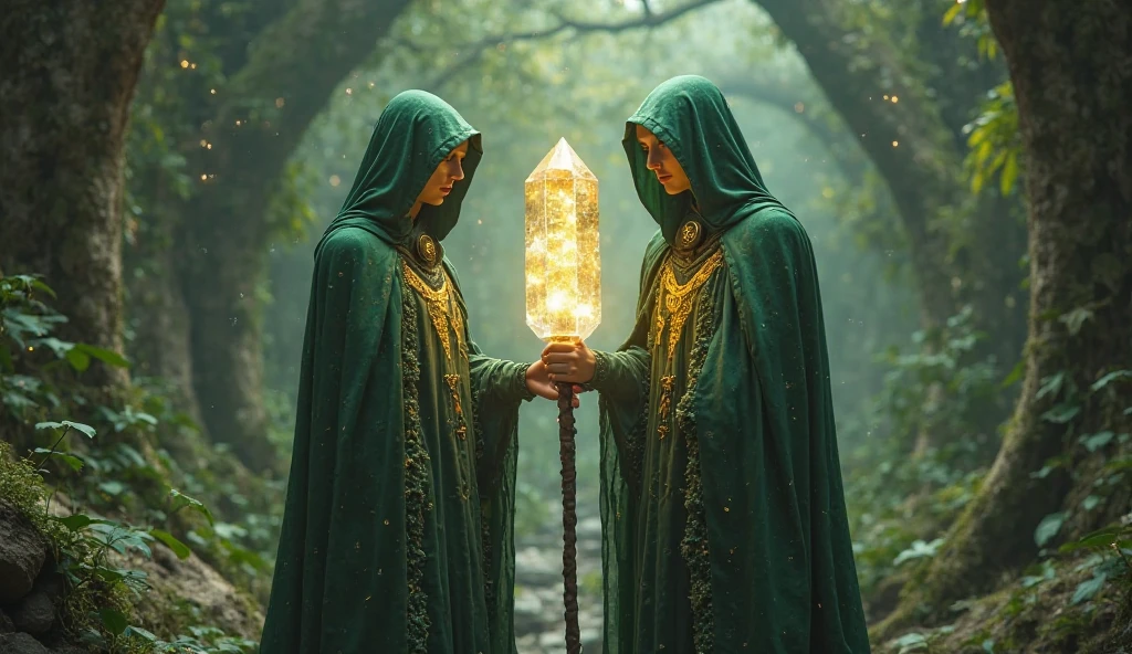 Two mystical humanoid guardians in deep forest green hooded cloaks with ...