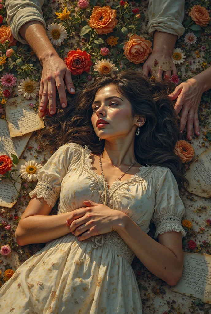 Poor sad homeless Italian beautiful woman sleep between alot of flowers ...