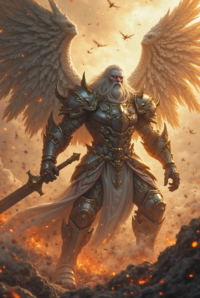 An angel in great splendor dressed in imposing armor fighting a monster ...