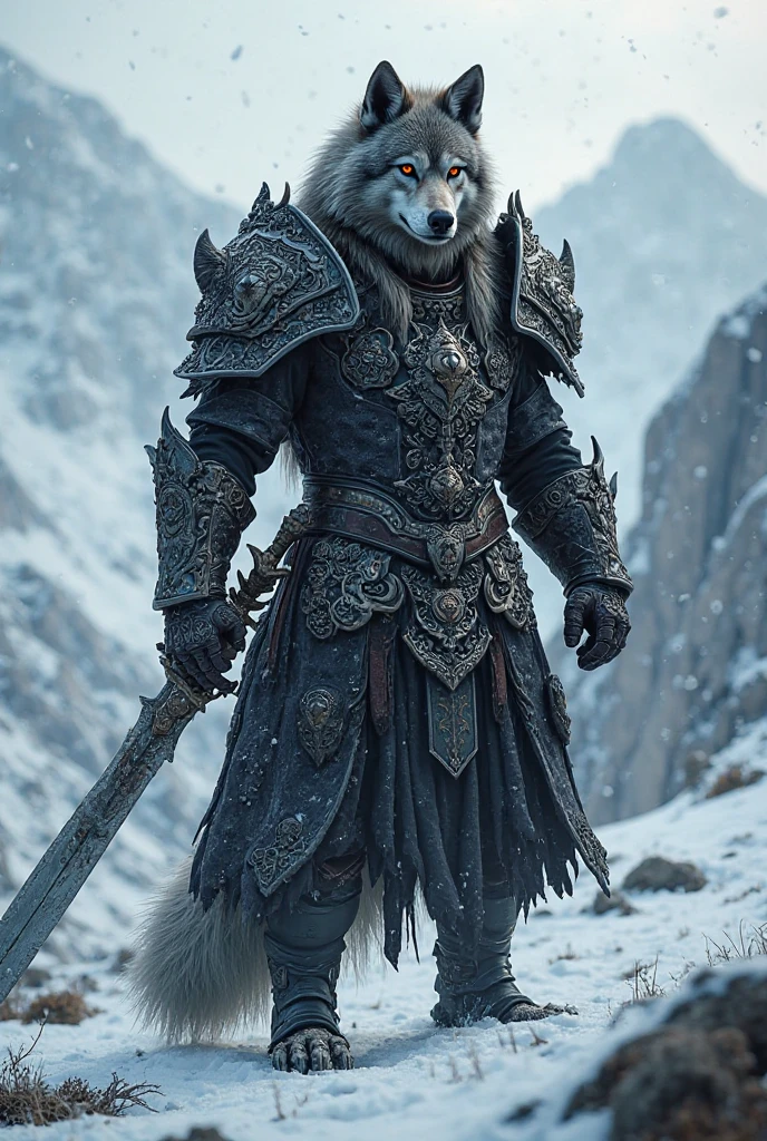 A powerful anthropomorphic wolf warrior stands in a snowy mountainous ...