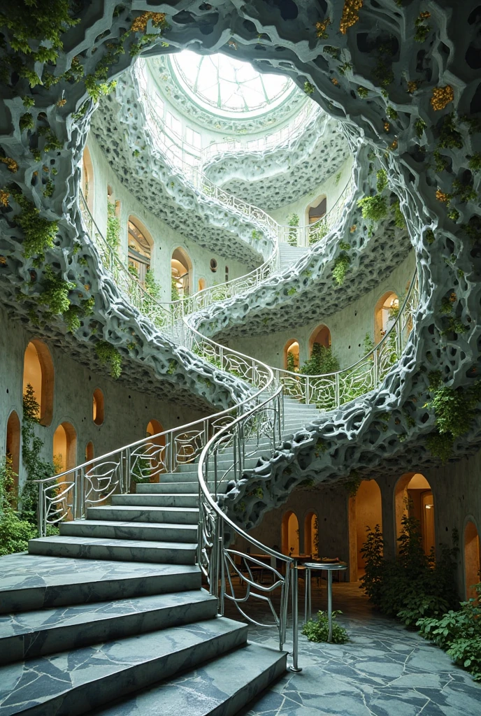 "high quality, 8K Ultra HD, A futuristic indoor steel stair's handrill ...