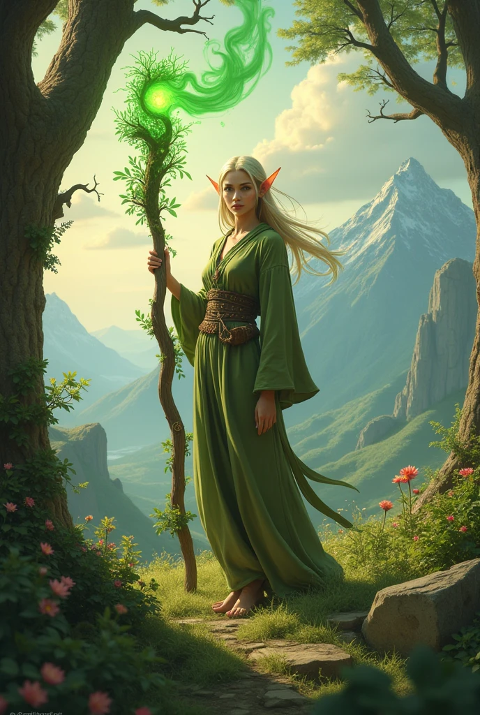 Create an image of an Elf holding a wooden staff with green magic for ...