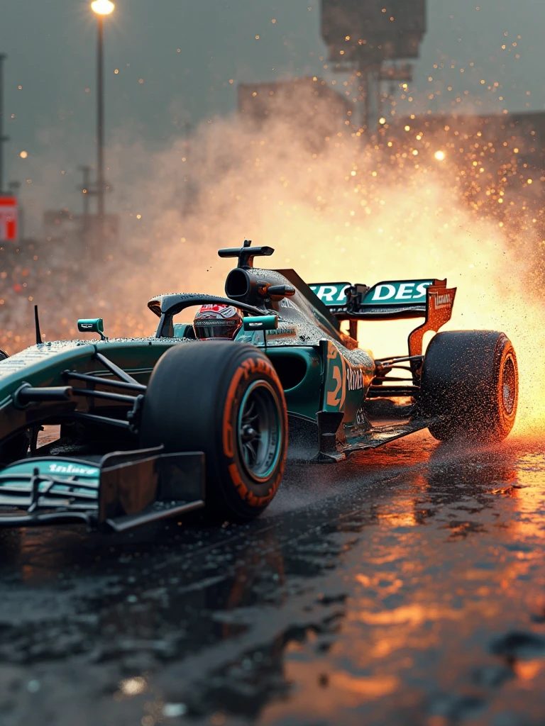 Zoomed-in view of an F1 car crash, caught mid-spin, wheel tearing off ...