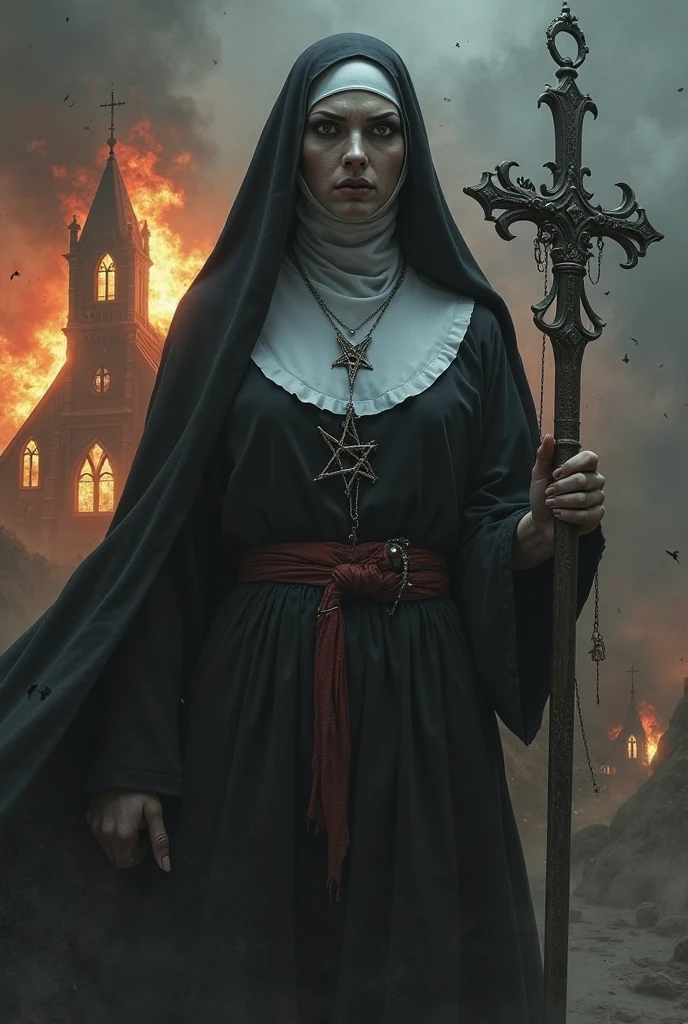 Make a nun holding an inverted cross and wearing a necklace with an ...