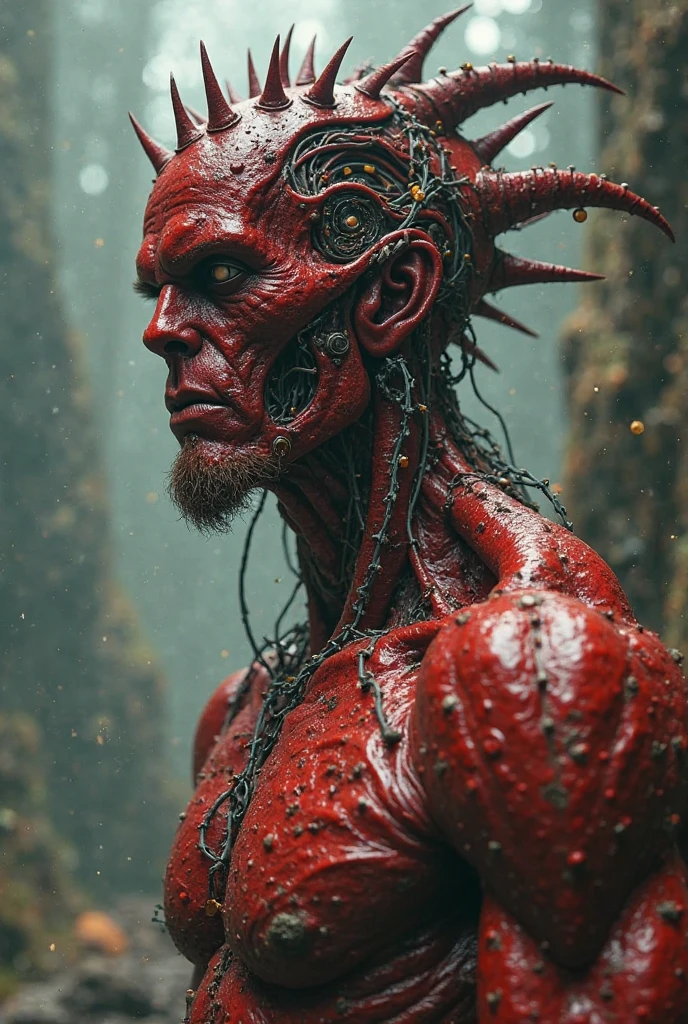 A naked red-skinned man with spikes on his head and face with angelic ...