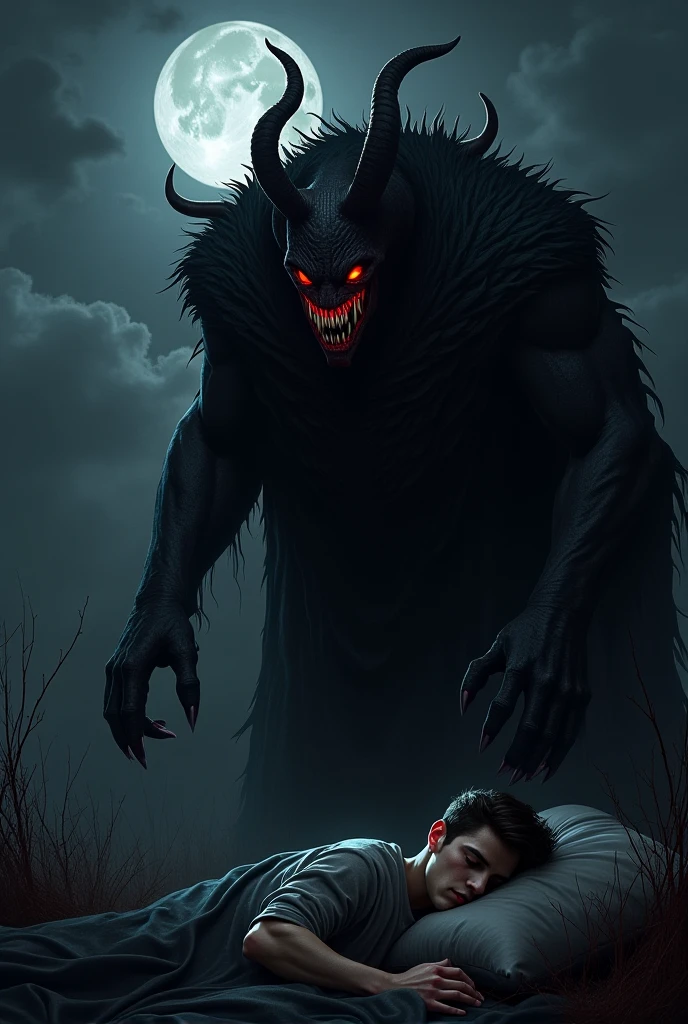 Angry demon watching young man sleeping at night - SeaArt AI