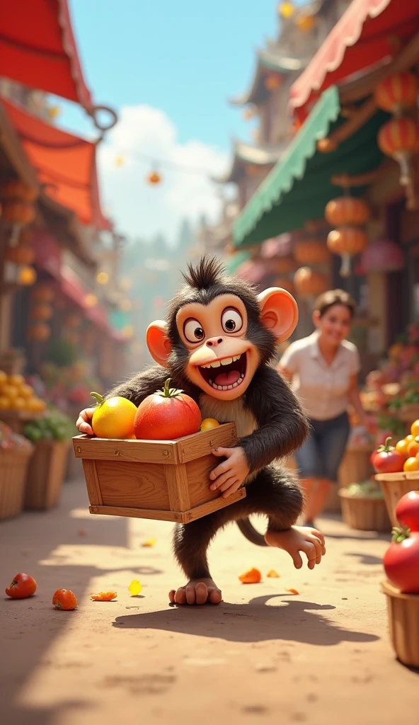 A monkey carrying a box of fruits in the market, and a lady chasing the ...