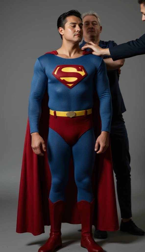 Behind superman stands 70 years-old Daddy Jonathan , 滿頭白髮 , 穿著農夫服裝 ...