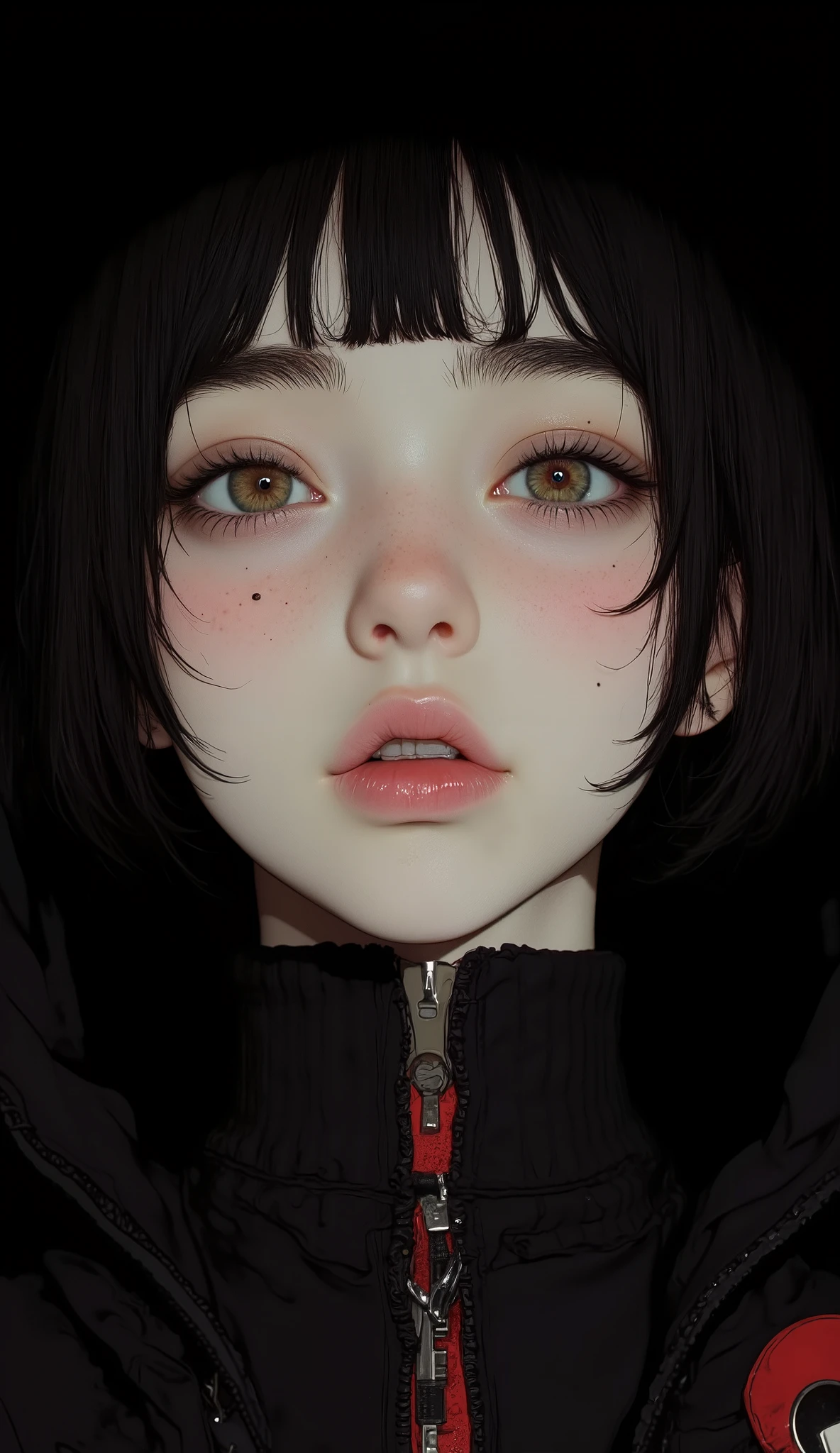 Surprised, wide-eyed, short black hair pants, Black clothes with a red ...