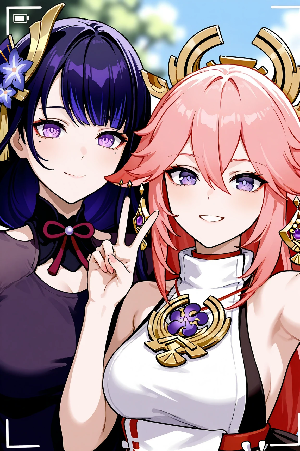 2girls,side-by-side, yae miko, raiden shogun, outdoors, blurry ...