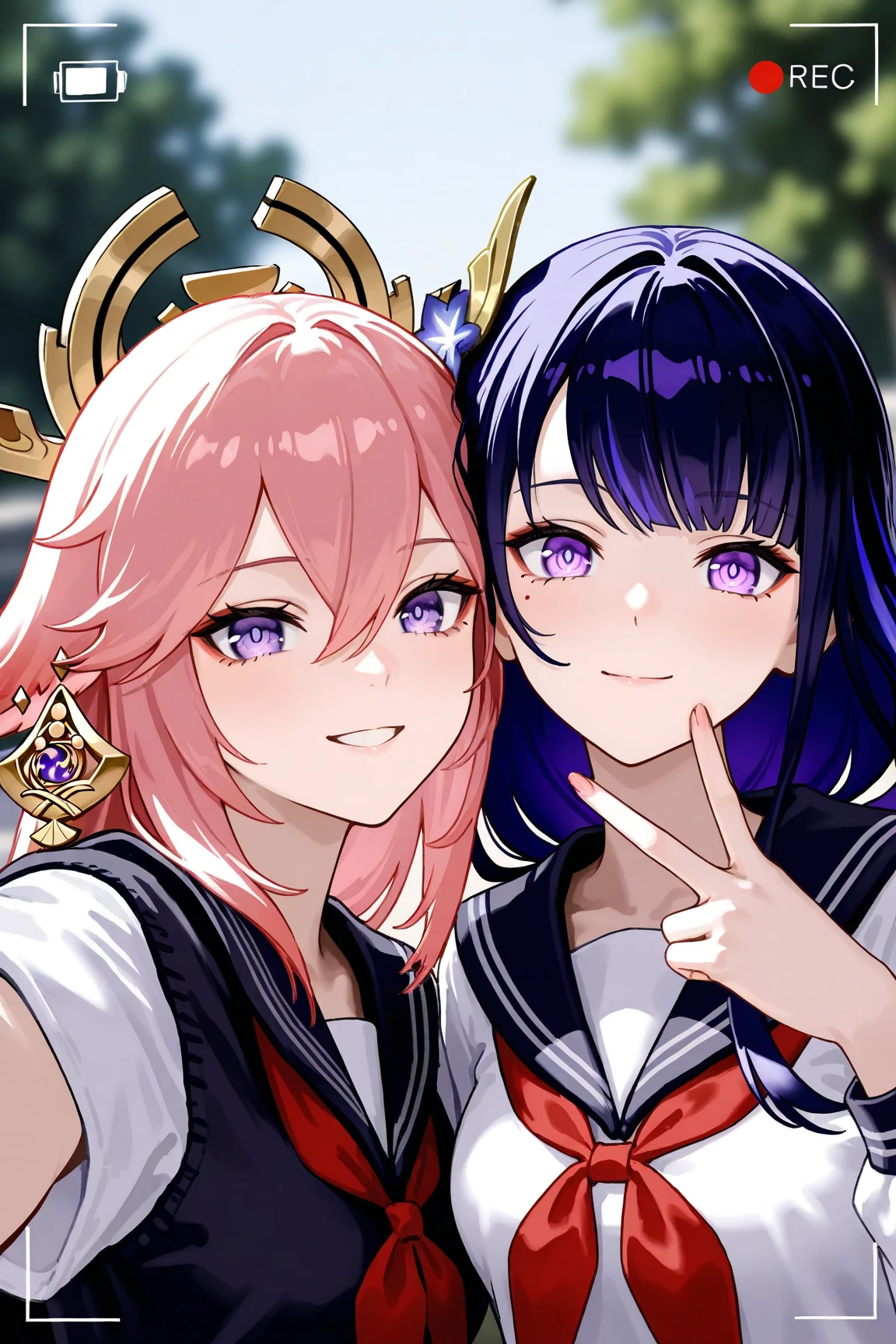 2girls,side-by-side,school uniform,serafuku,best friend, yae miko ...