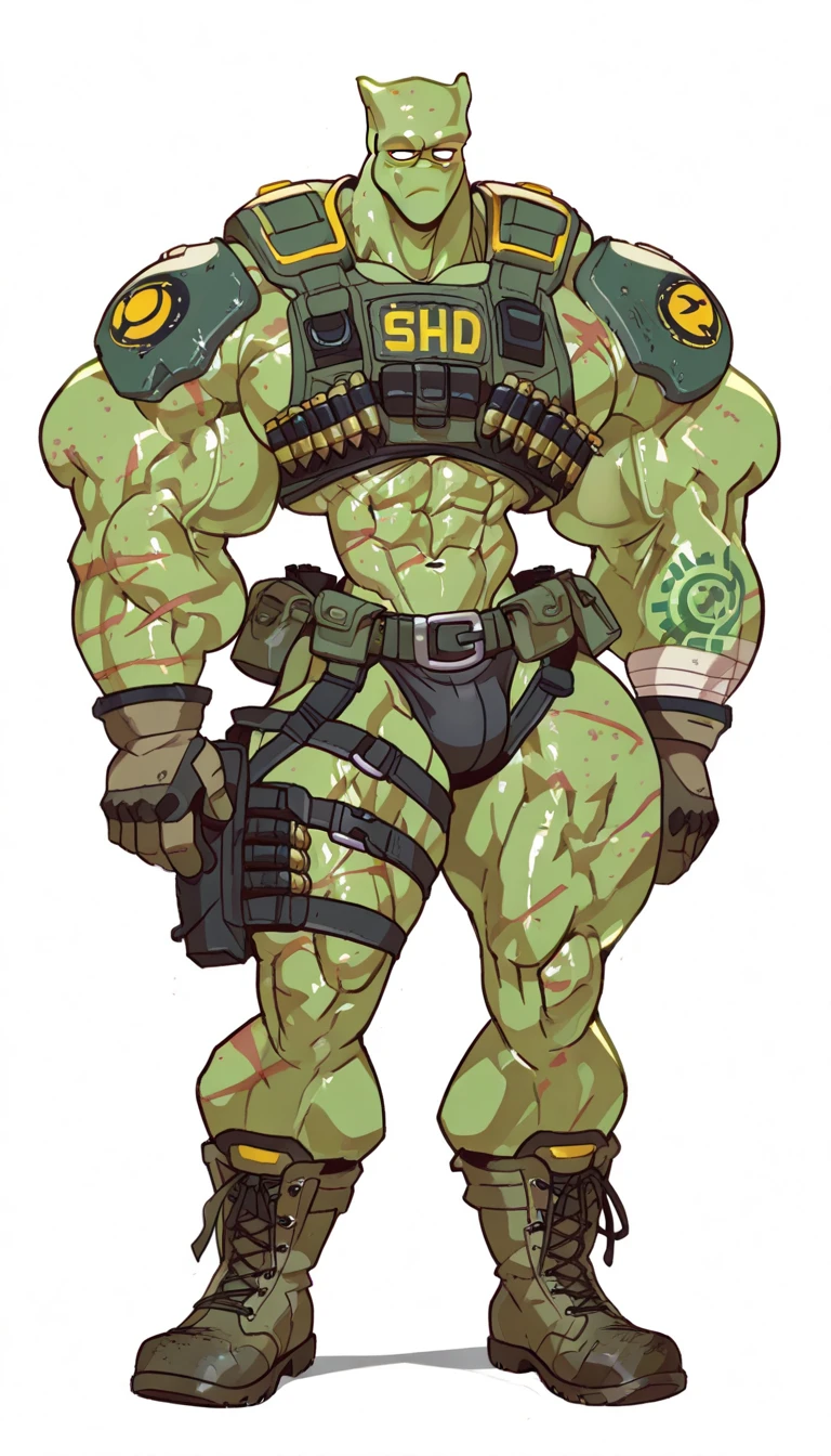 Pace alien male, tall, muscular, green skin, male, shy eyes, yellow ...