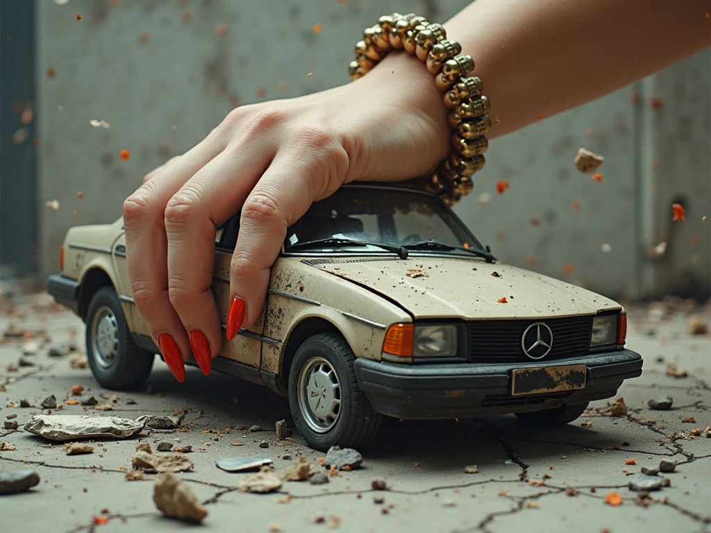 A gigantic, colossal yet feminine woman's hand, with dark orange nail ...