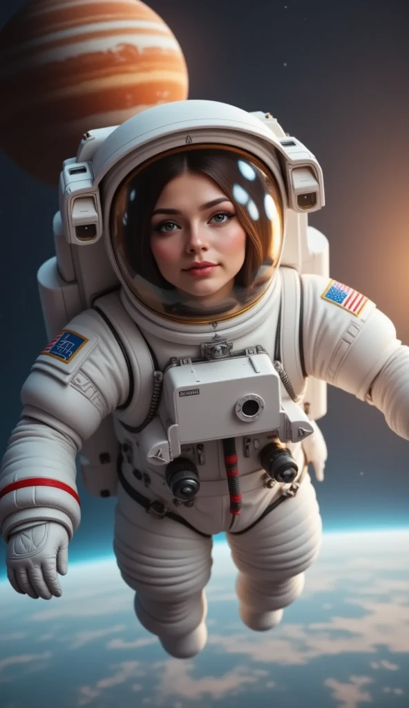 Female astronaut floats in space, Through the visor you can see her ...