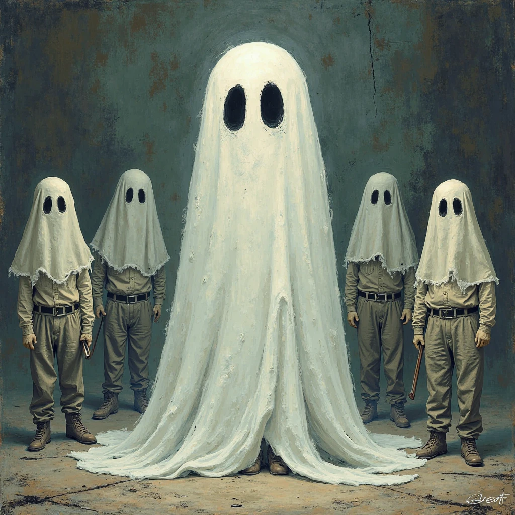 Behind the ghost there are more ghostly figures, all workers with old ...