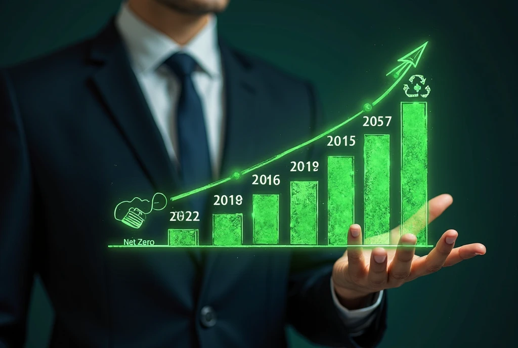 A businessman in a dark suit interacting with a holographic bar chart ...