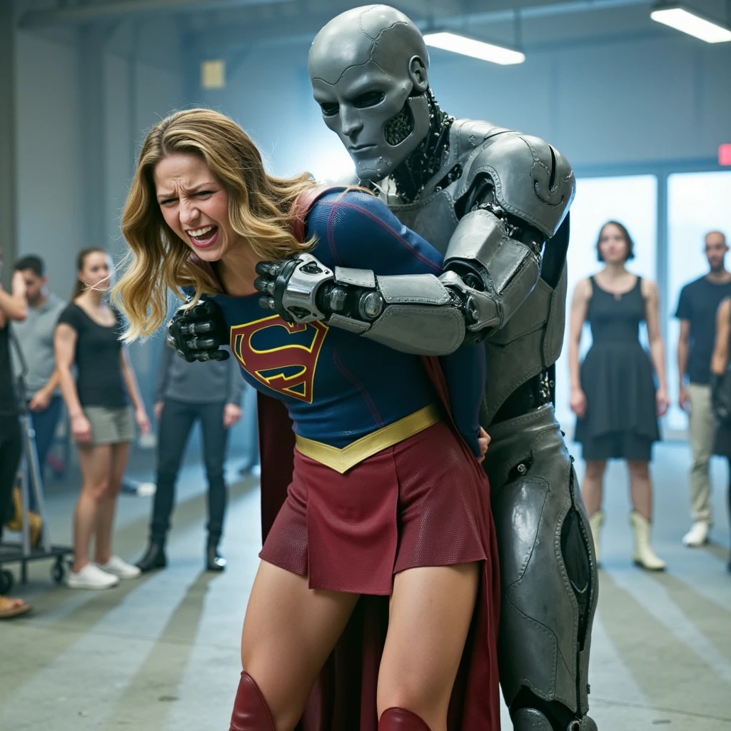 Melissa Benoist as Supergirl, (a very short skirt), both arms behind ...