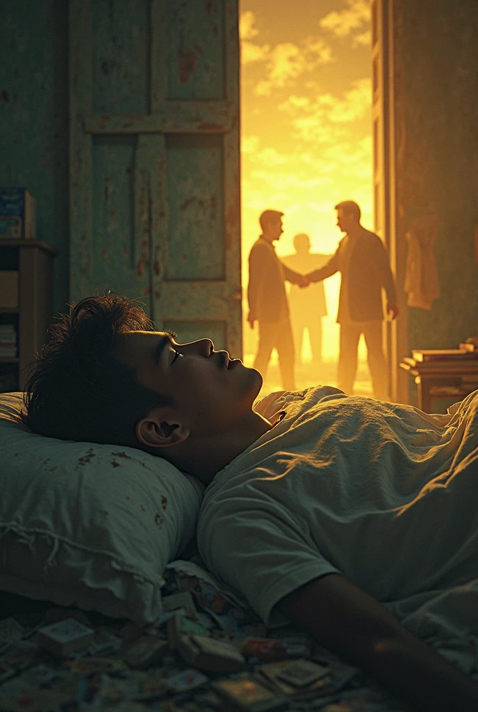 Split scene of Indonesian young man (Bimo): Left side shows a dark ...