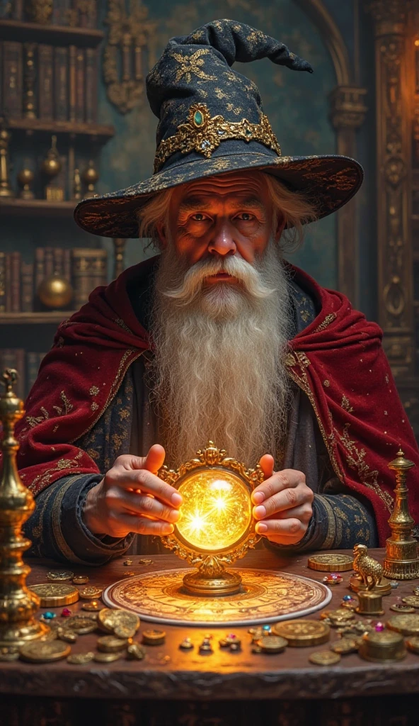 Spectacular wise man Merlin sitting and on the table dials and ...