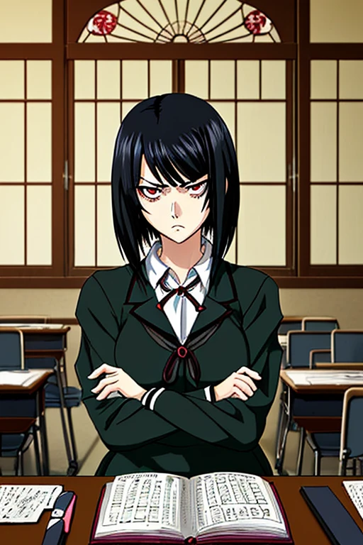 An anime-style high school girl with short, choppy black hair and ...